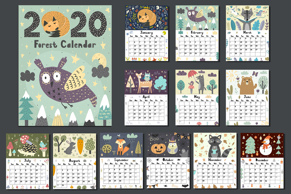 2020 Forest Calendar Template, a Stationery Template by Gulnara Sabirova