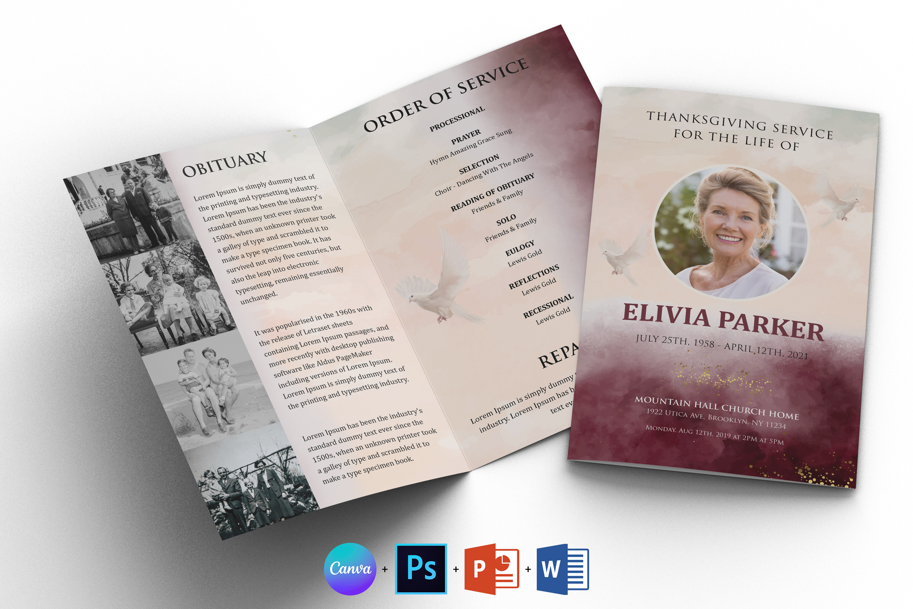 Heaven Dove Funeral Program Template, a Brochure Template by Designscozy