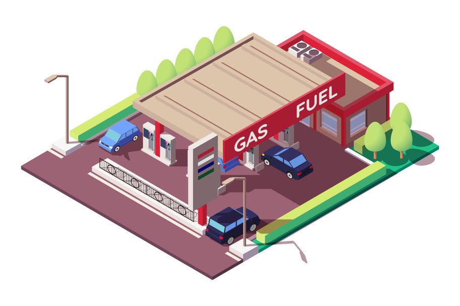 Gas station with sedan and classic, a Technology Illustration by Evanat ...
