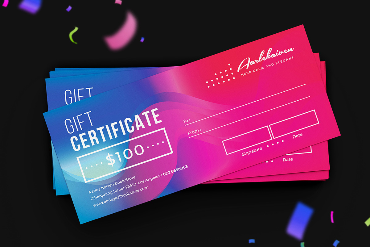 Colorful Gift Certificate, a Business Card Template by Aarley Kaiven