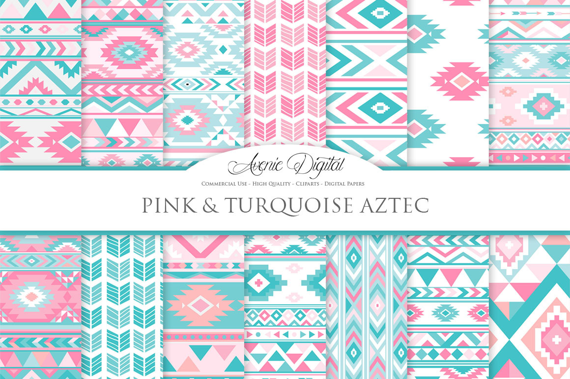 Pink & Teal Aztec Digital Paper, a Pattern Graphic by Avenie Digital