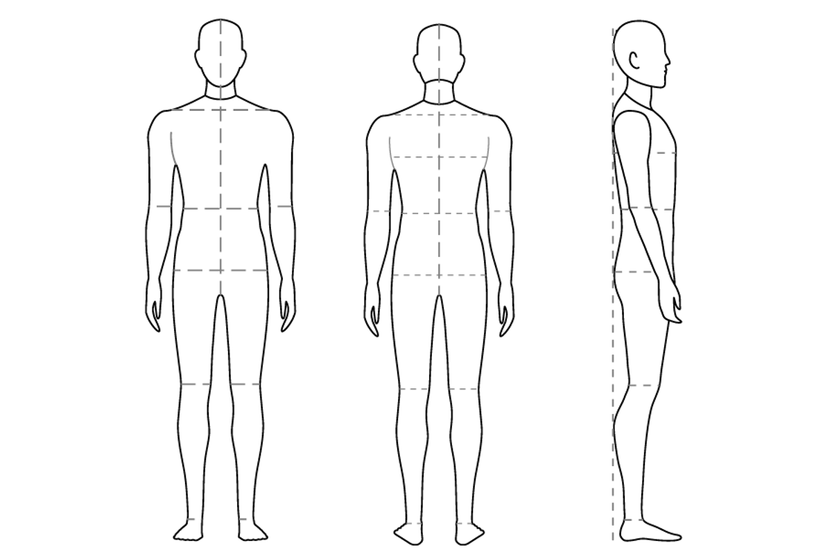 A human figure technical drawing.
