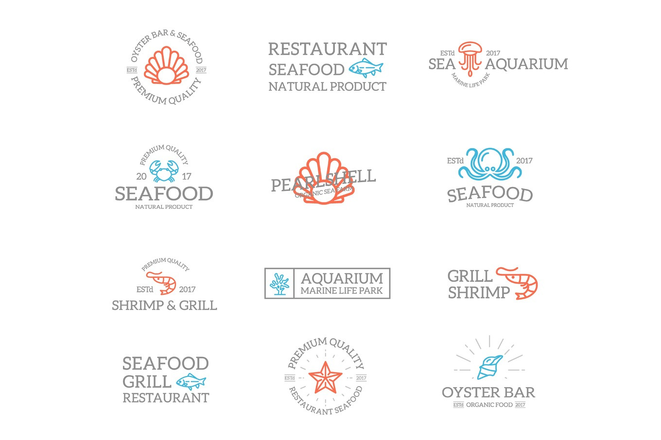 Set of retro vintage fish and seafood logo or insignia, emblems, labels ...