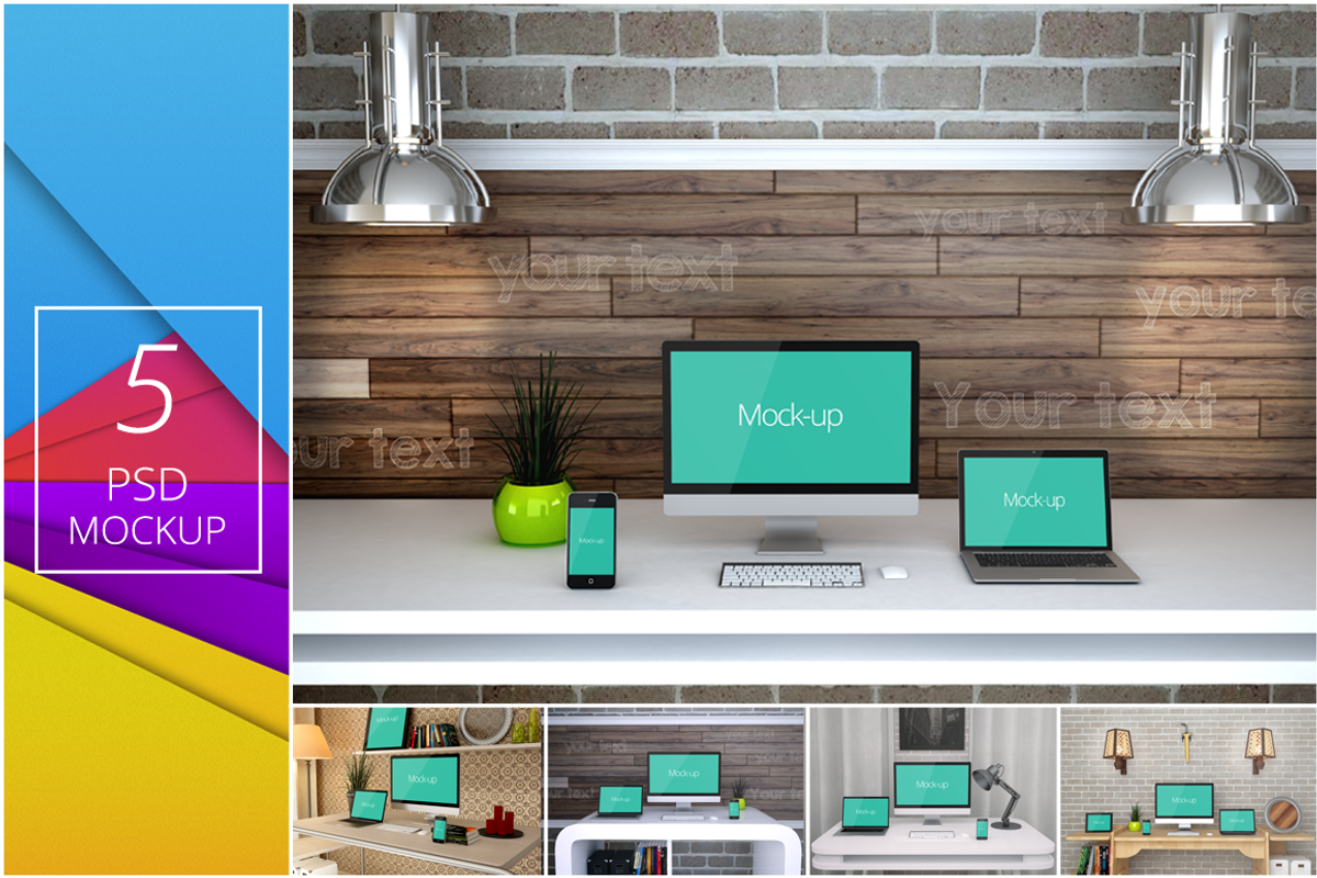 5 PSD Mockups - Interior Work Desk, an iPhone Mockup by Rebound
