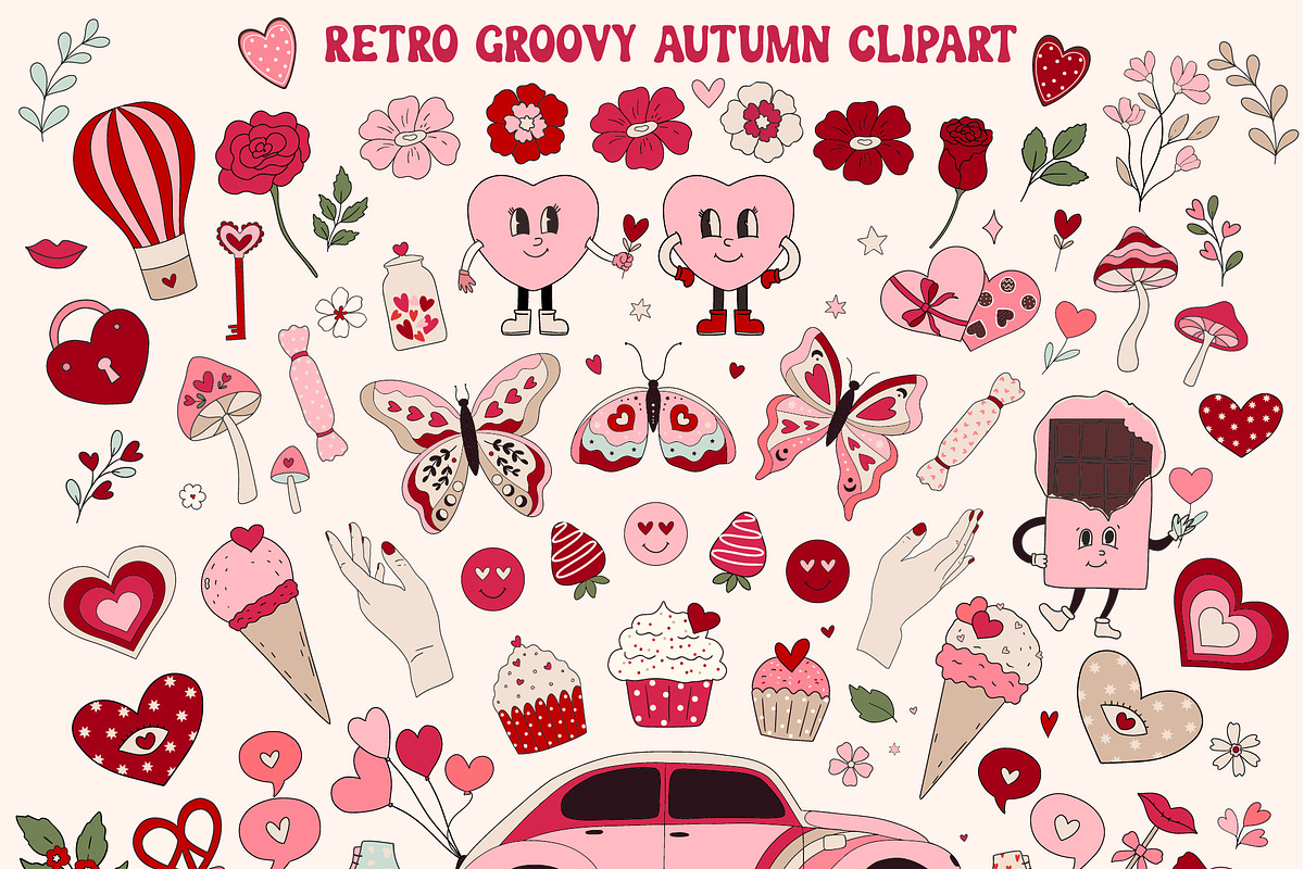 Retro Groovy Valentines Day clipart, an Illustration by Cozy pattern shop