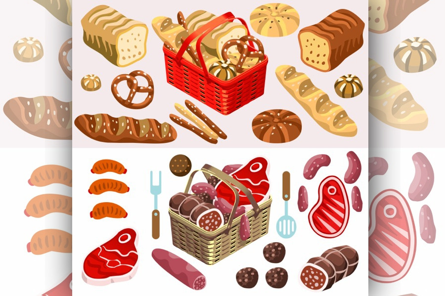 Food Set Meat and Bread Isometric, a Food Illustration by Aurielaki ...