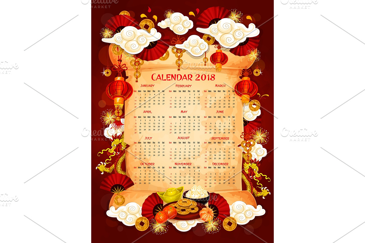 Chinese New Year calendar template on parchment, an Illustration by ...