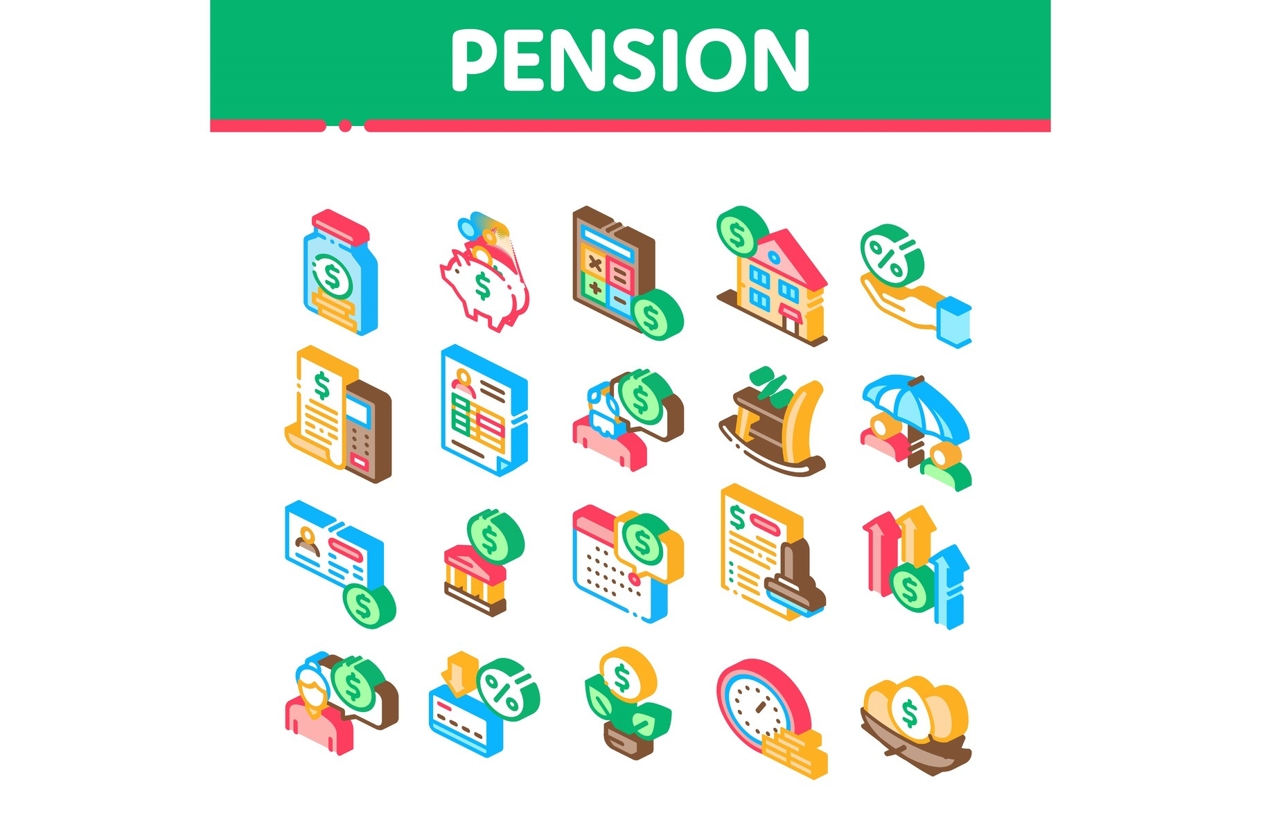 Pension retirement isometric icons containing pension, retirement, and ...