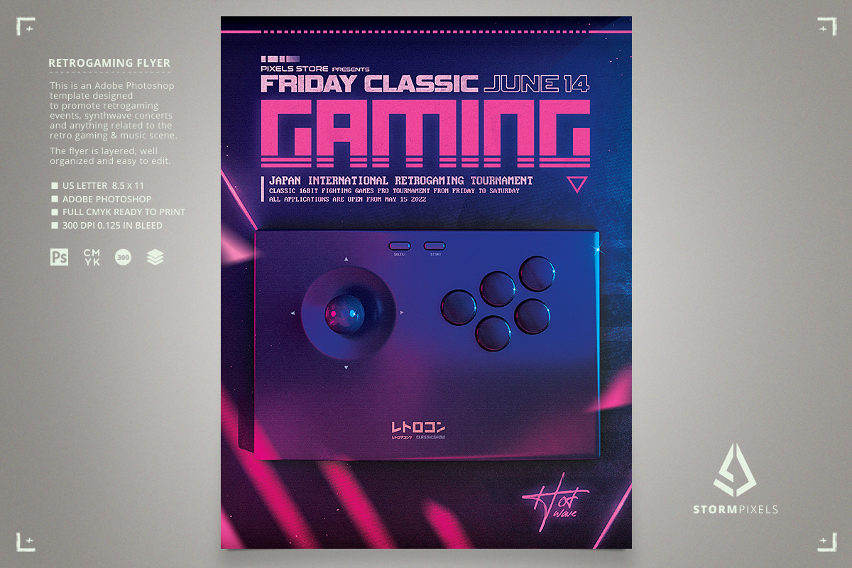 Retro Gaming Flyer 80s Arcade Stick, a Flyer Template by Storm Pixels ...
