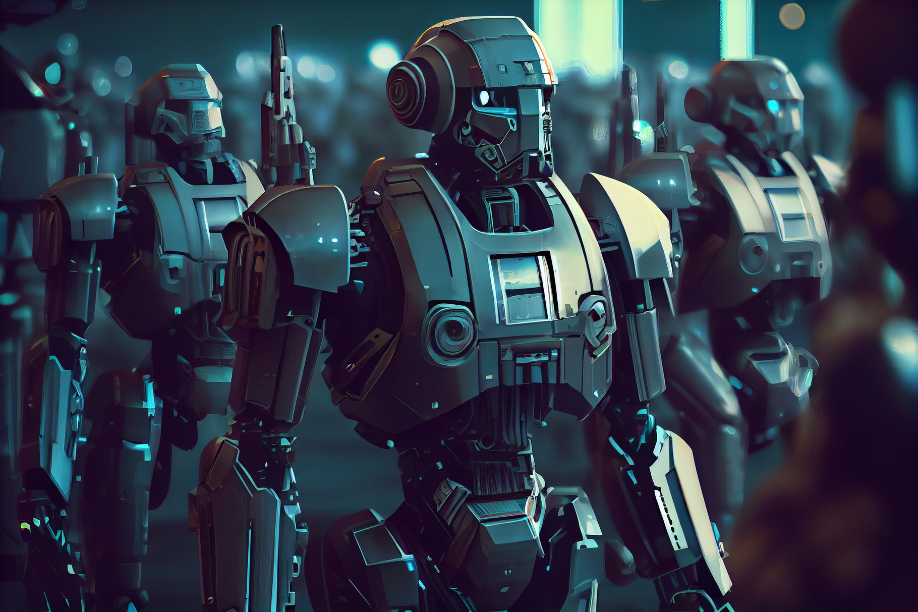 Detailed robot army or group of cyborgs. 3d rendering robot army or ...