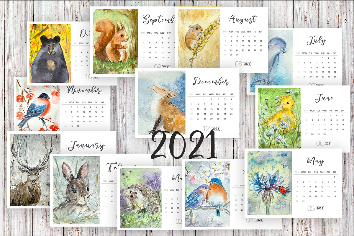 Watercolor Woodland Calendar 2021, an Animal Illustration by Tati Bordiu