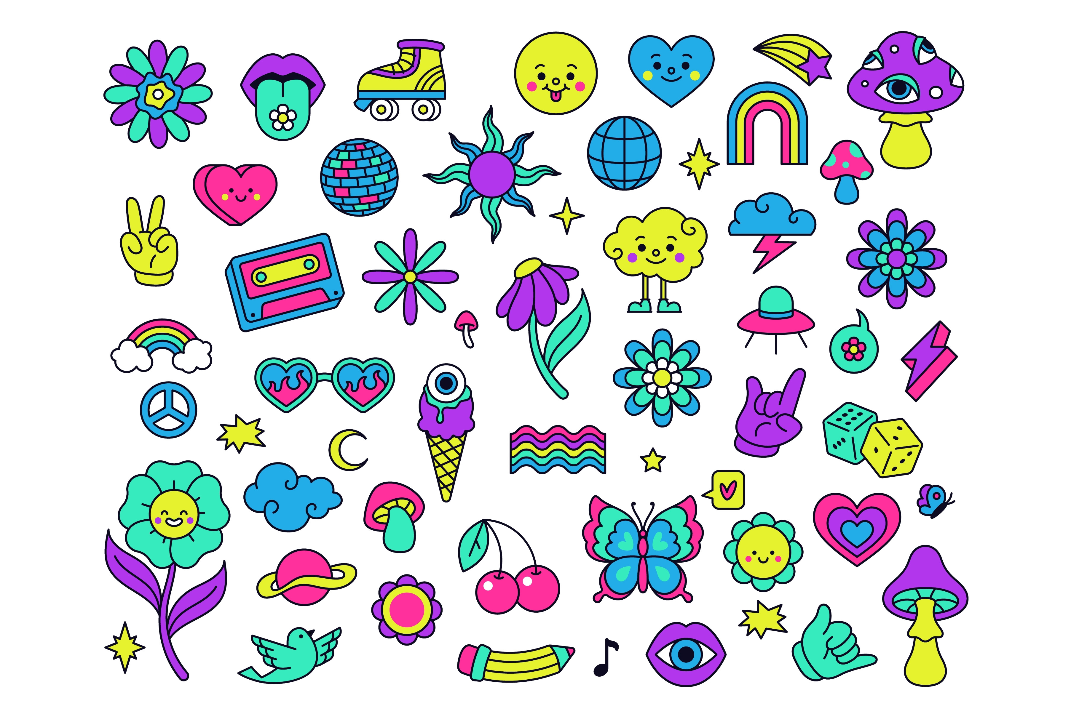 Neon groovy elements cherry flowers | Graphics ~ Creative Market