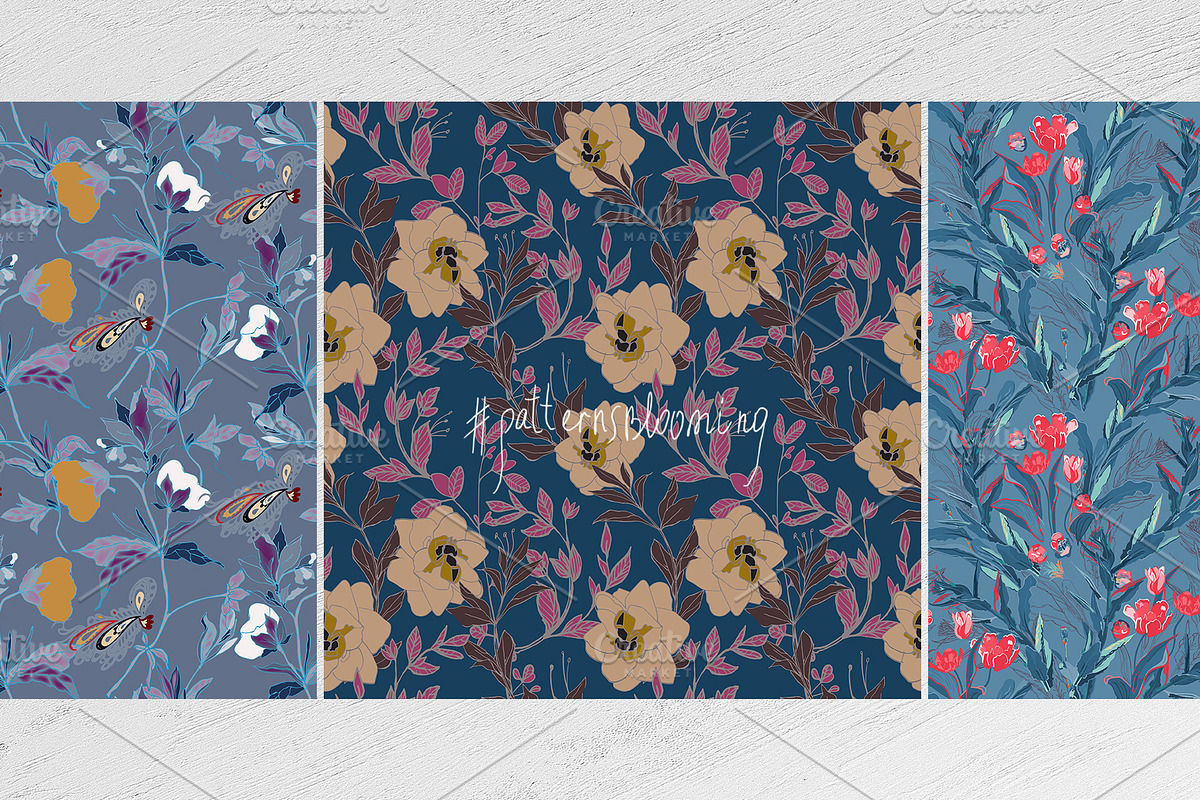 Blue floral seamless vector pack, a Texture Graphic by PatternsBlooming