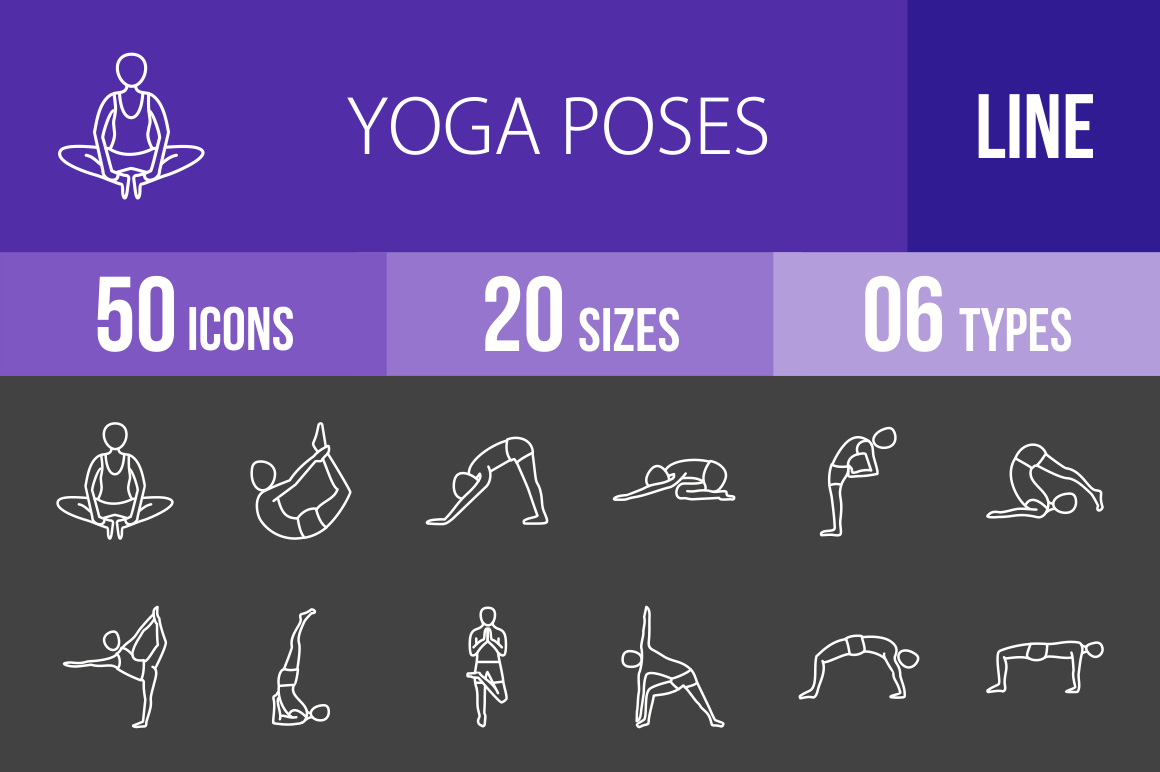 50 Yoga Poses Line Inverted Icons, an Outline Icon by IconBunny