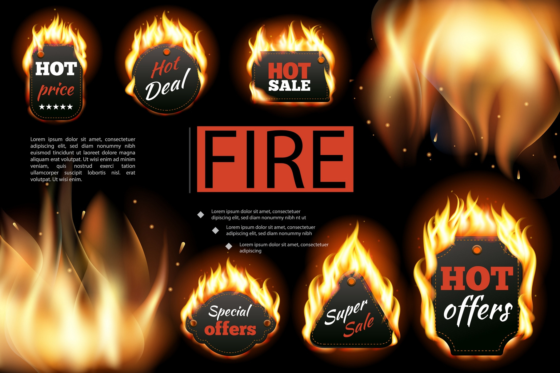 Hot fire labels composition | Decorative Illustrations ~ Creative Market