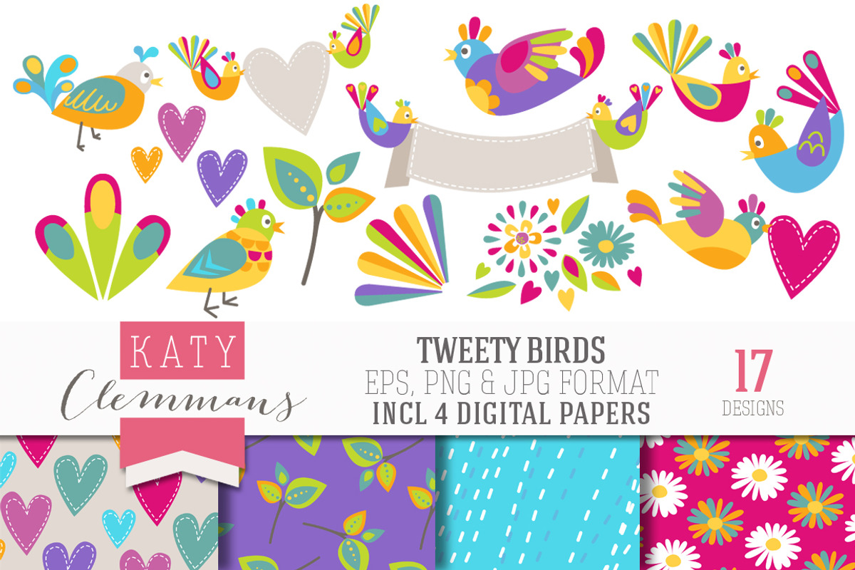 TWEETY BIRDS clip art & papers, an Illustration by Katy Clemmans