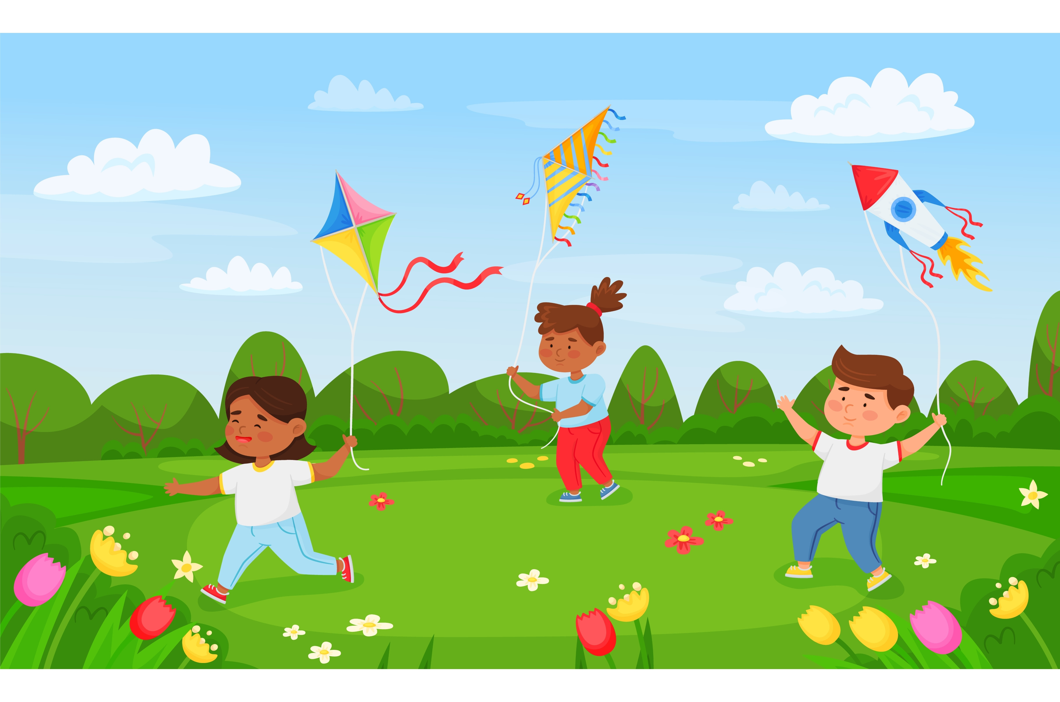 Cartoon kids playing with flying, a Person Illustration by Frogella