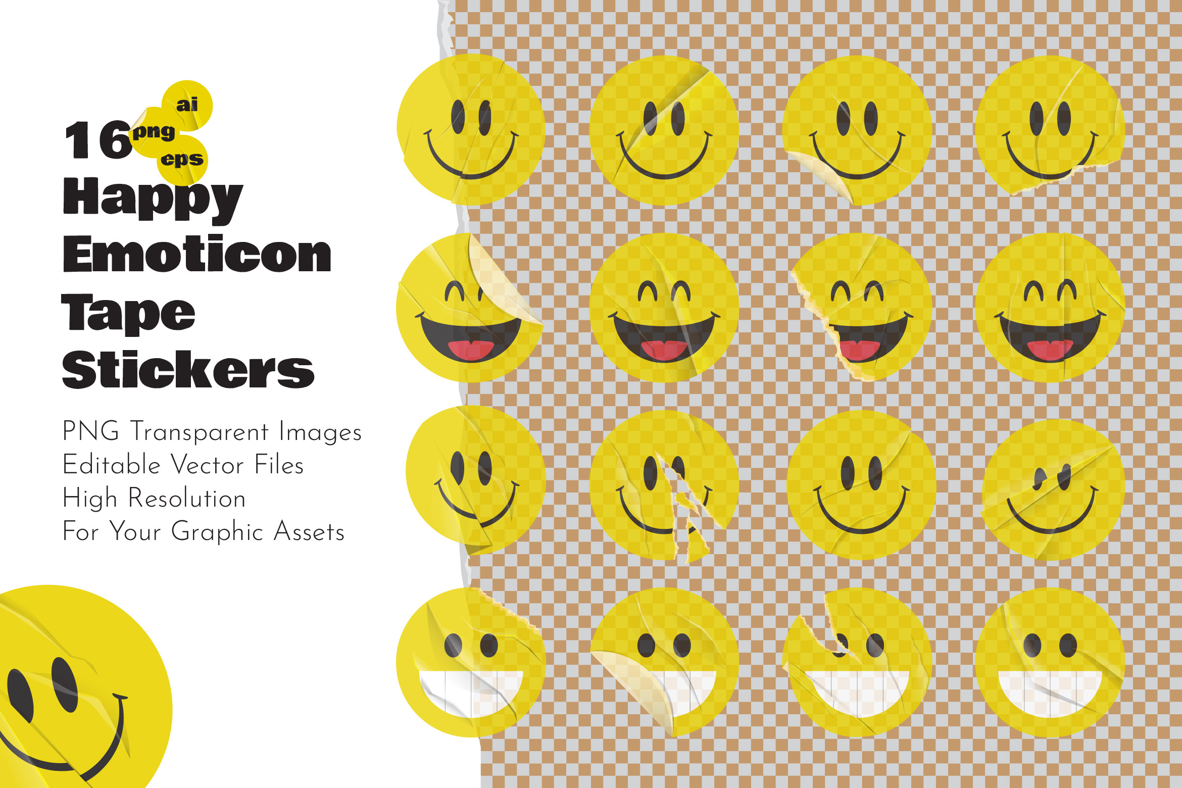 Happy Face Emoticon Tape Stickers, an Object Graphic by Dordar.Lab