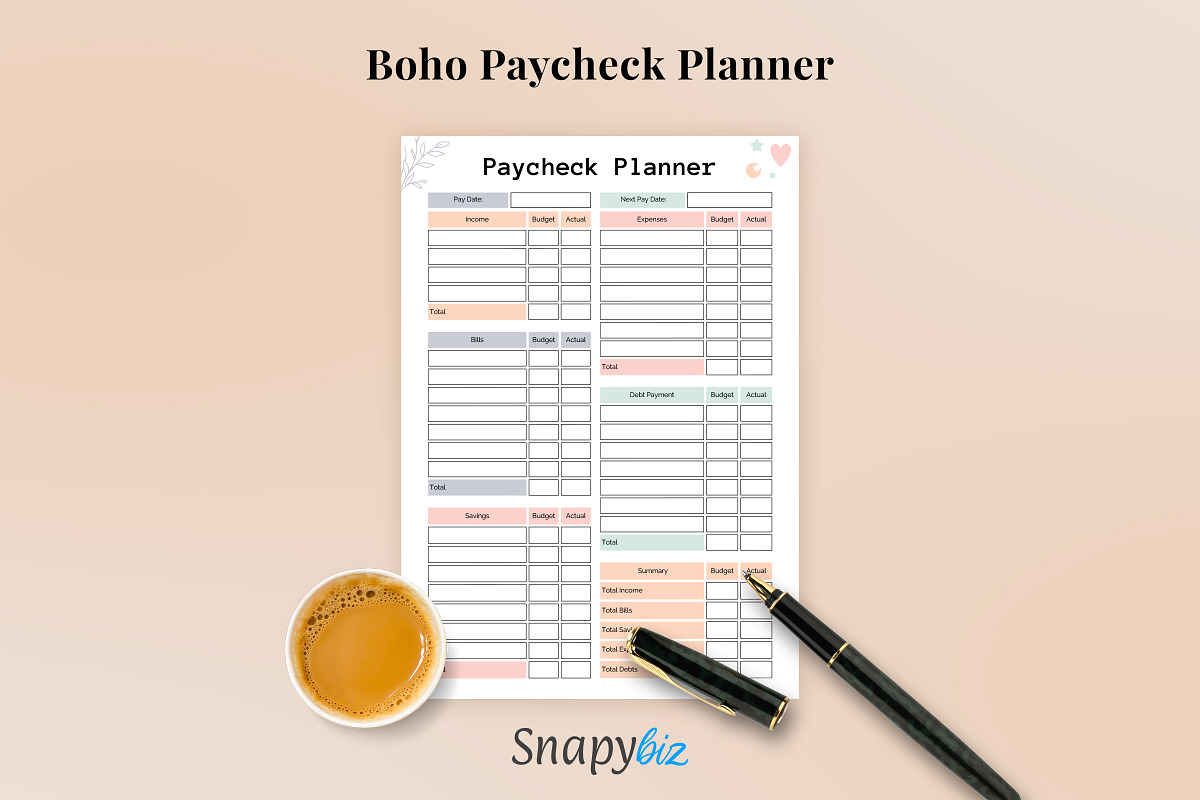 Paycheck Budget Printable Planner, a Print Template by Snapybiz