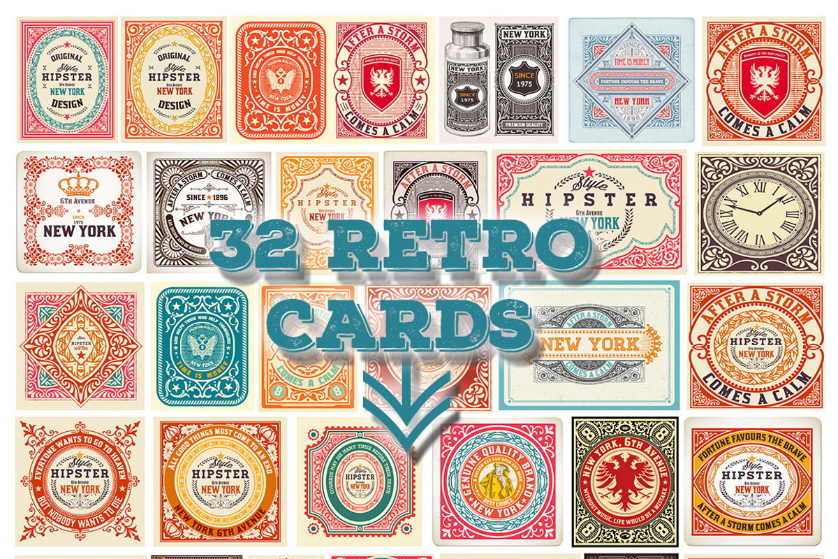 Bundle of 32 retro cards, a Decorative Illustration by OneVectorStock