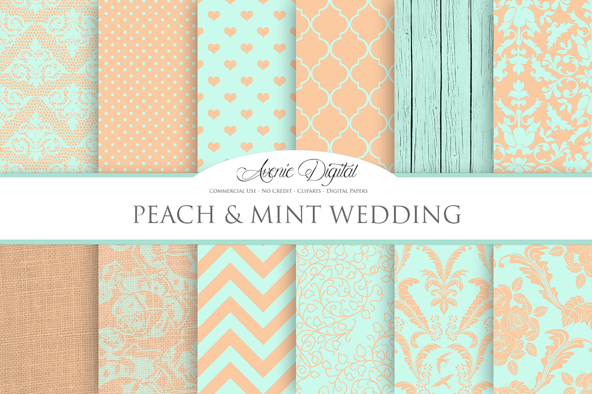 Peach and Mint Wedding Papers, a Pattern Graphic by Avenie Digital