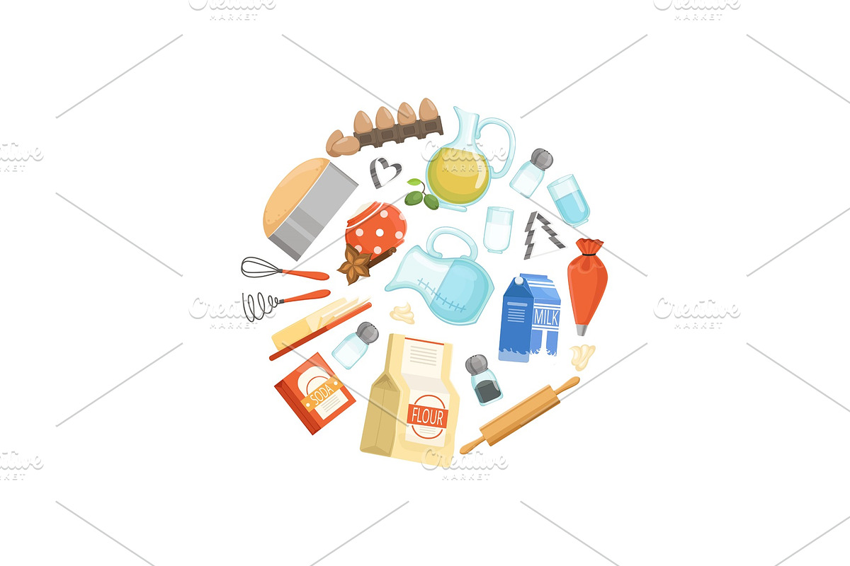 Vector cooking ingridients or groceries circle concept illustration, a ...