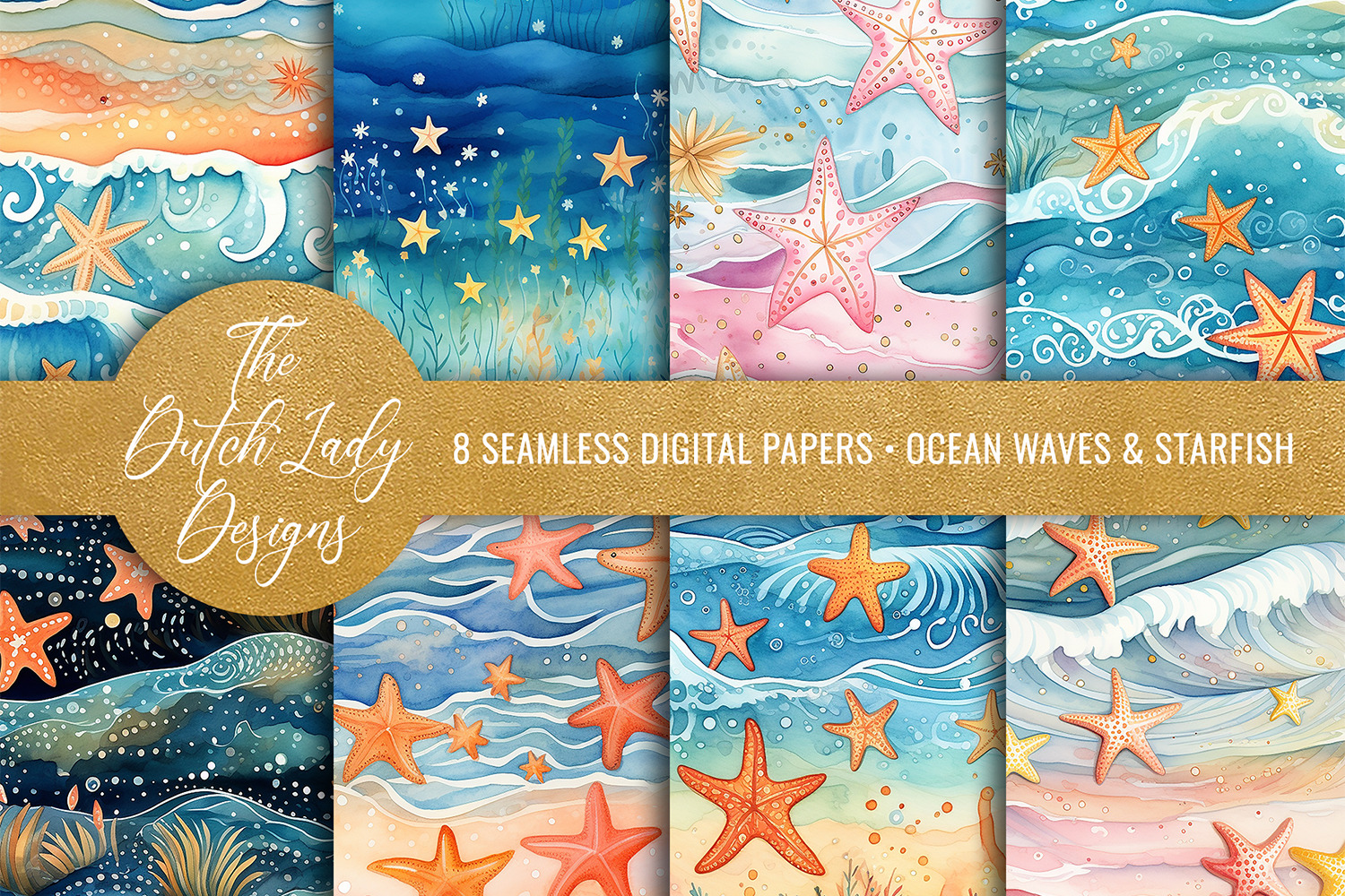 Seamless Waves & Starfish Pattern, a Pattern Graphic by The Dutch Lady ...