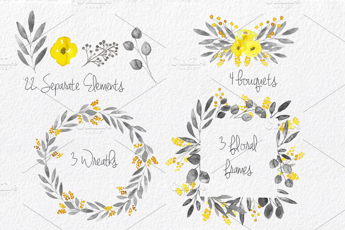 Yellow & Grey Flowers hand painted, a Decorative Illustration by ...