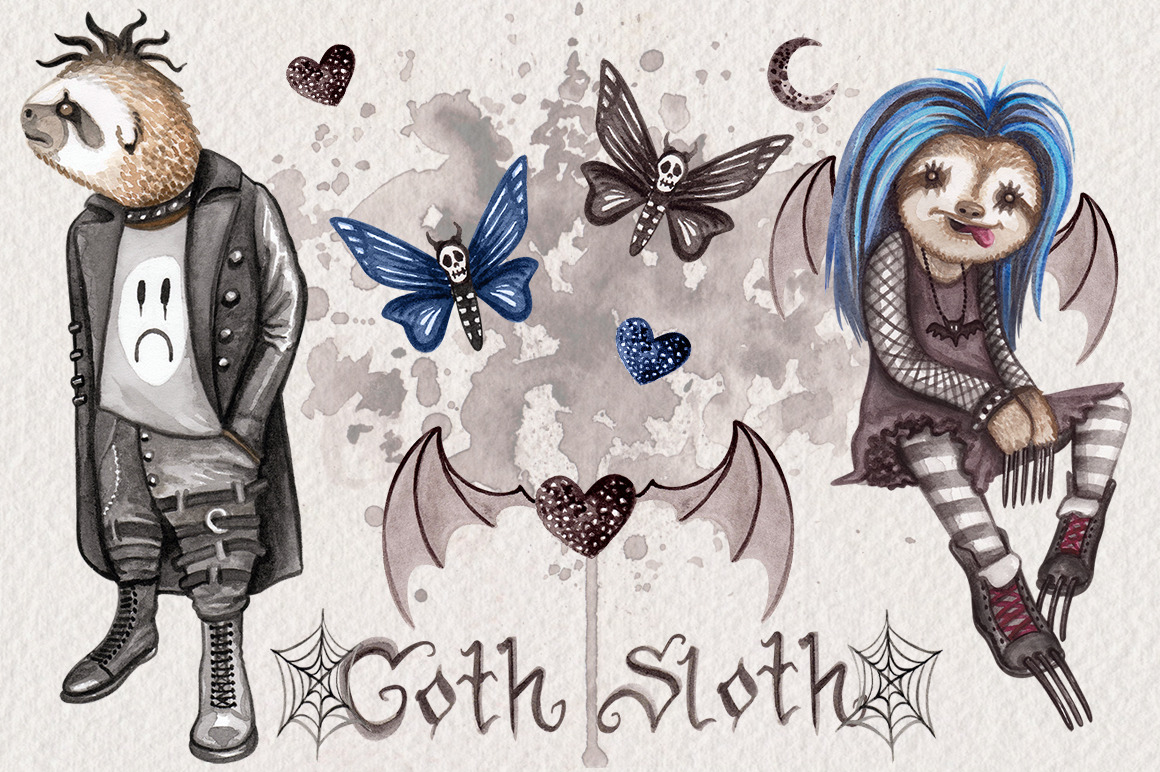 Goth Sloths Watercolor Clip Art, an Animal Illustration by Dapper Dudell