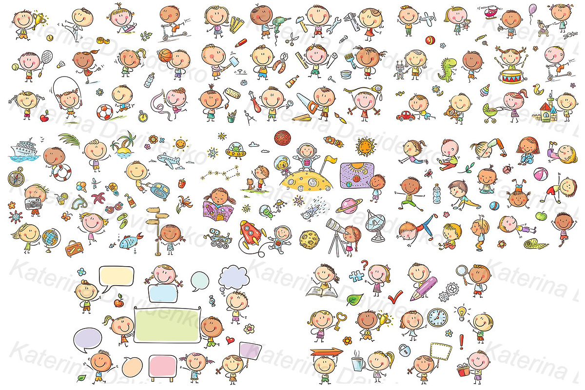 Doodle cartoon happy kids big bundle, an Animal Illustration by Bubert Art