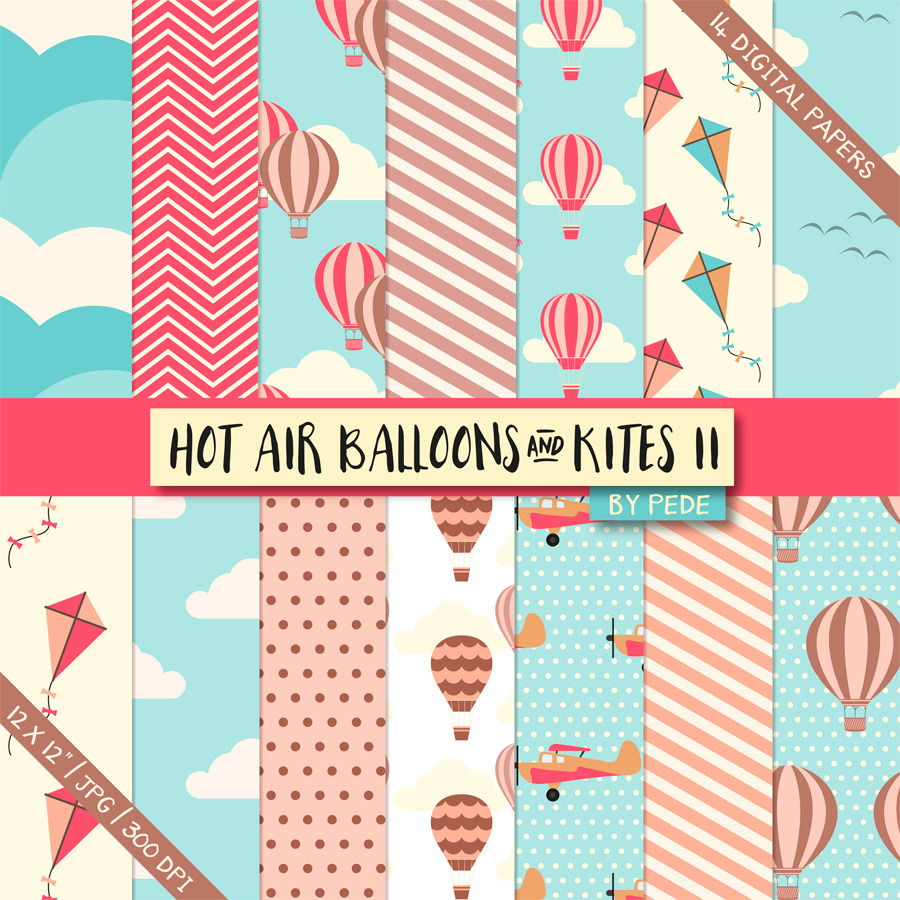 Hot air balloons digital paper, a Pattern Graphic by PeDe Designs