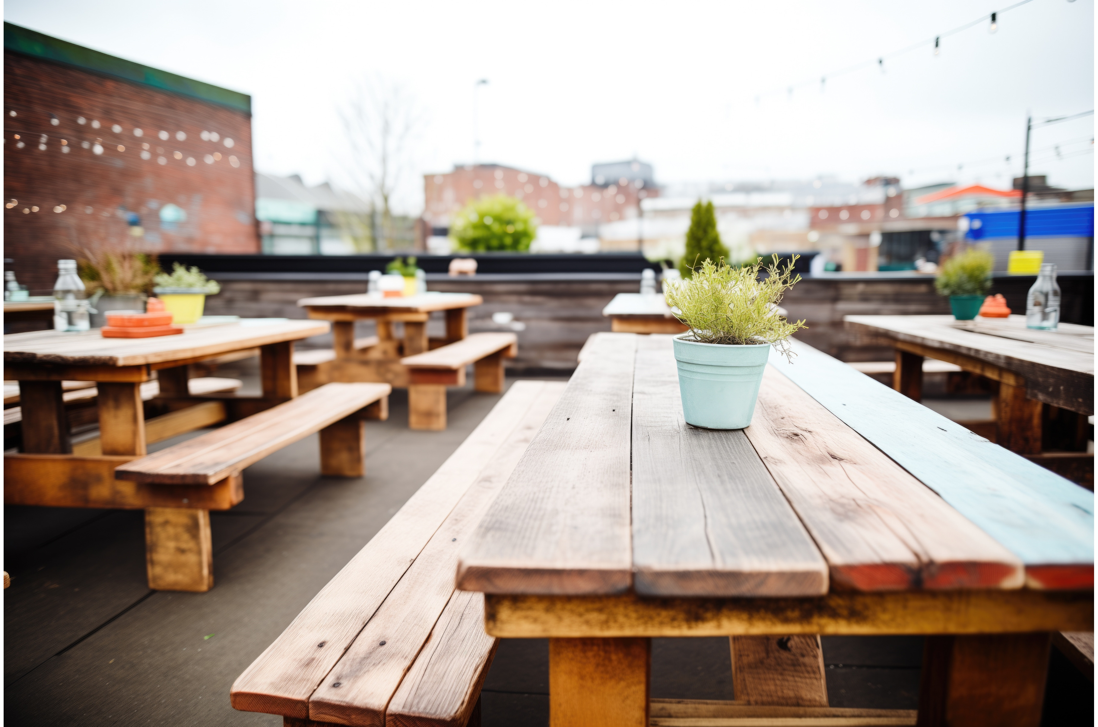 rustic wooden tables with benches | Food Images ~ Creative Market