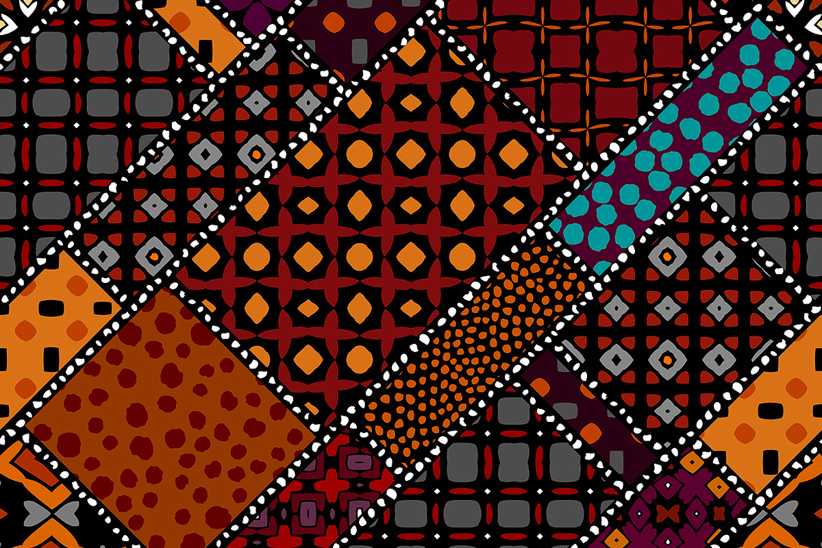 Abstract patchwork tribal patterns.