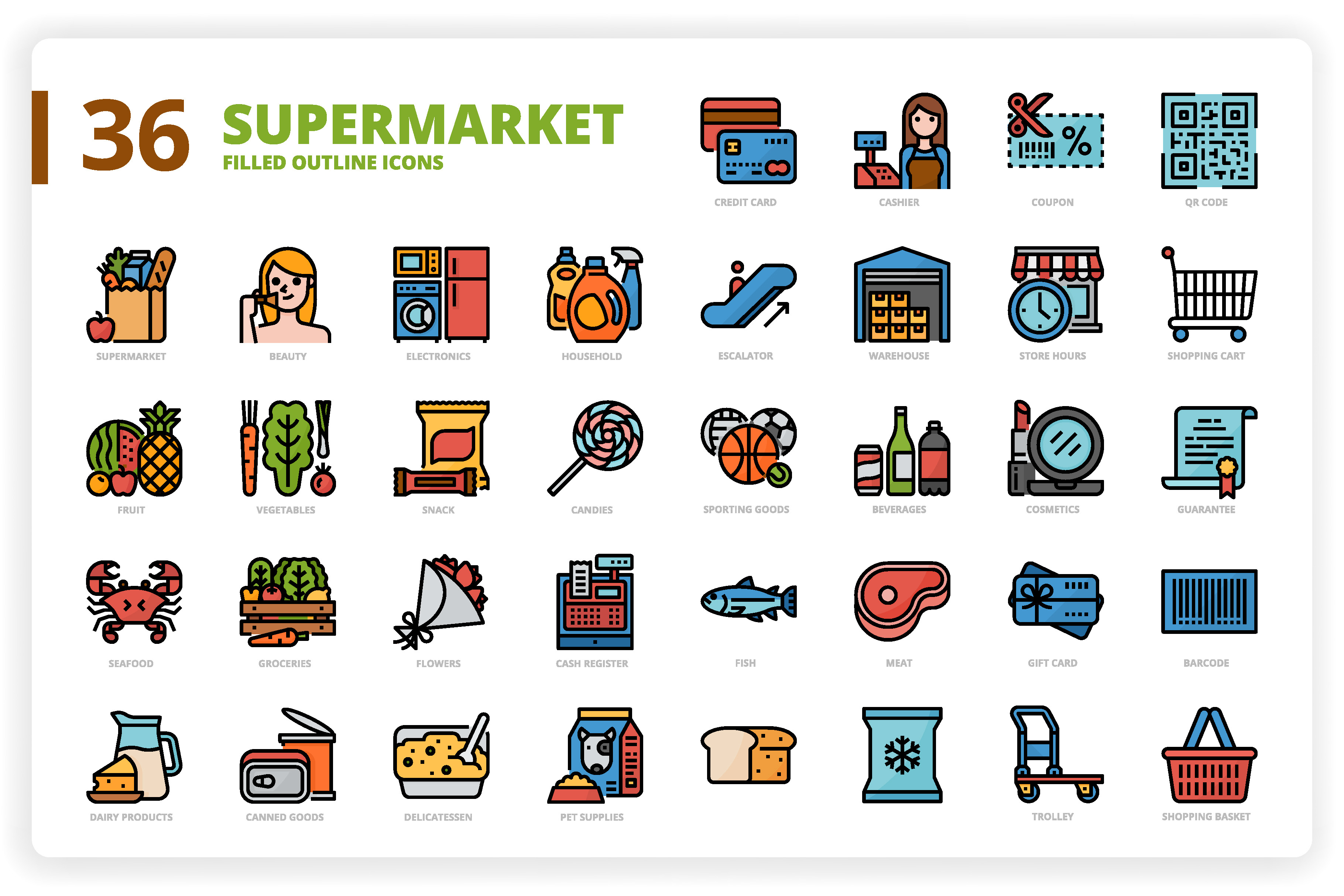 36 Supermarket Icons x 3 Styles, an Icon by monkik