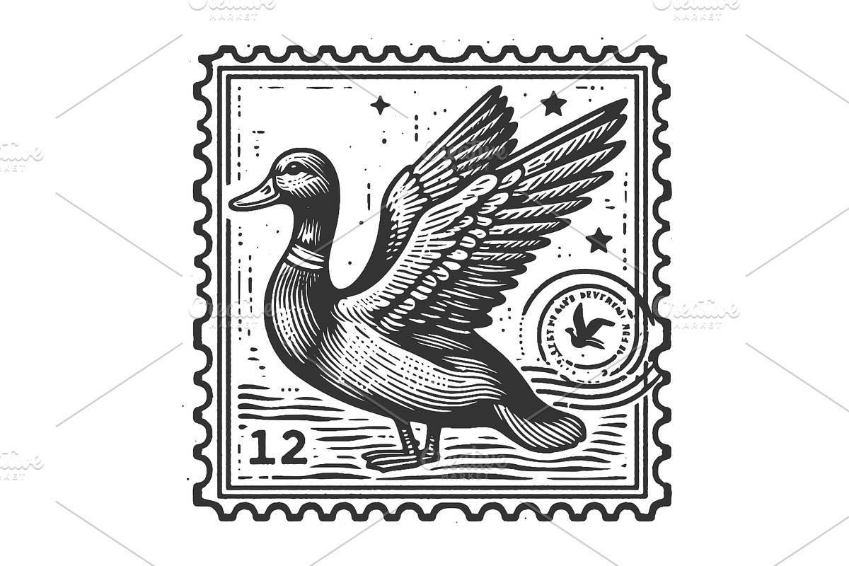 Duck Postage Stamp engraving vector, an Animal Illustration by AlexArt