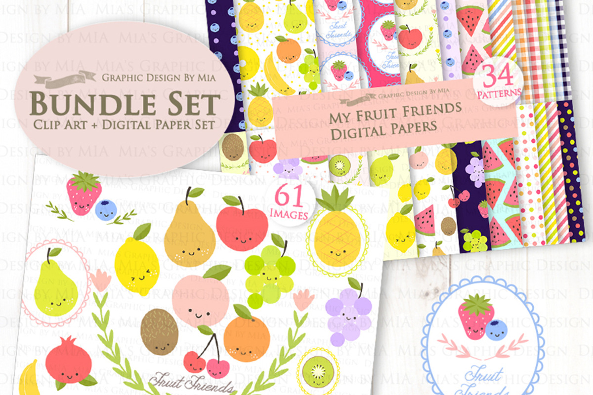 Cute Fruit Friends Clipart+Pattern, a Food Illustration by Mia's ...