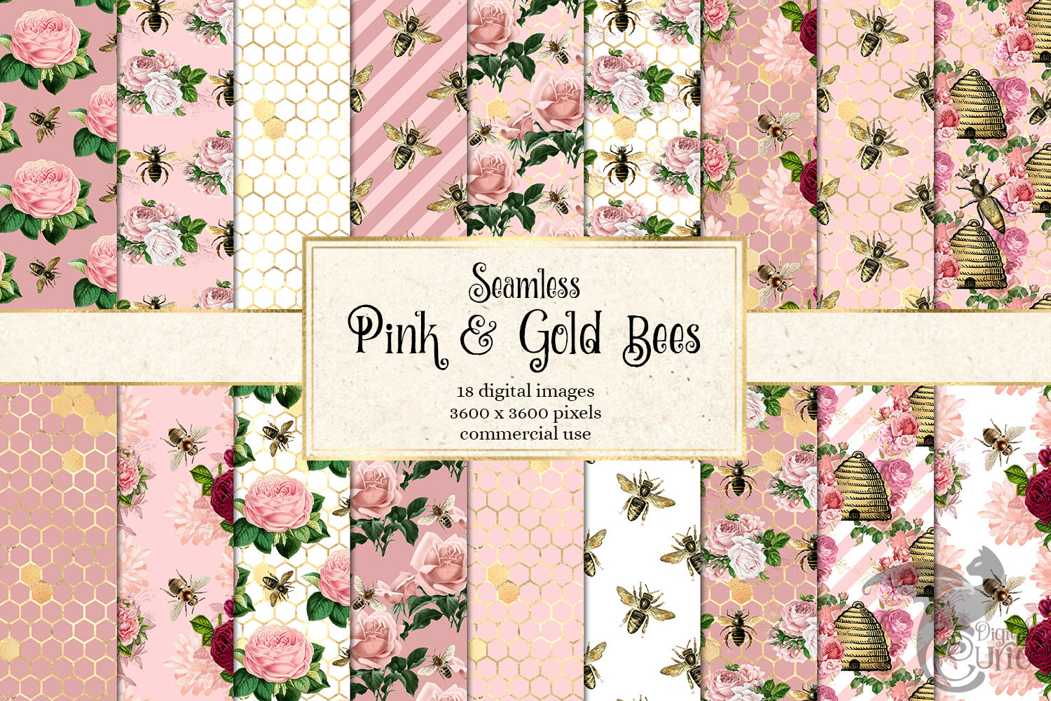 Pink and Gold Bees Digital Paper, a Pattern Graphic by Digital Curio