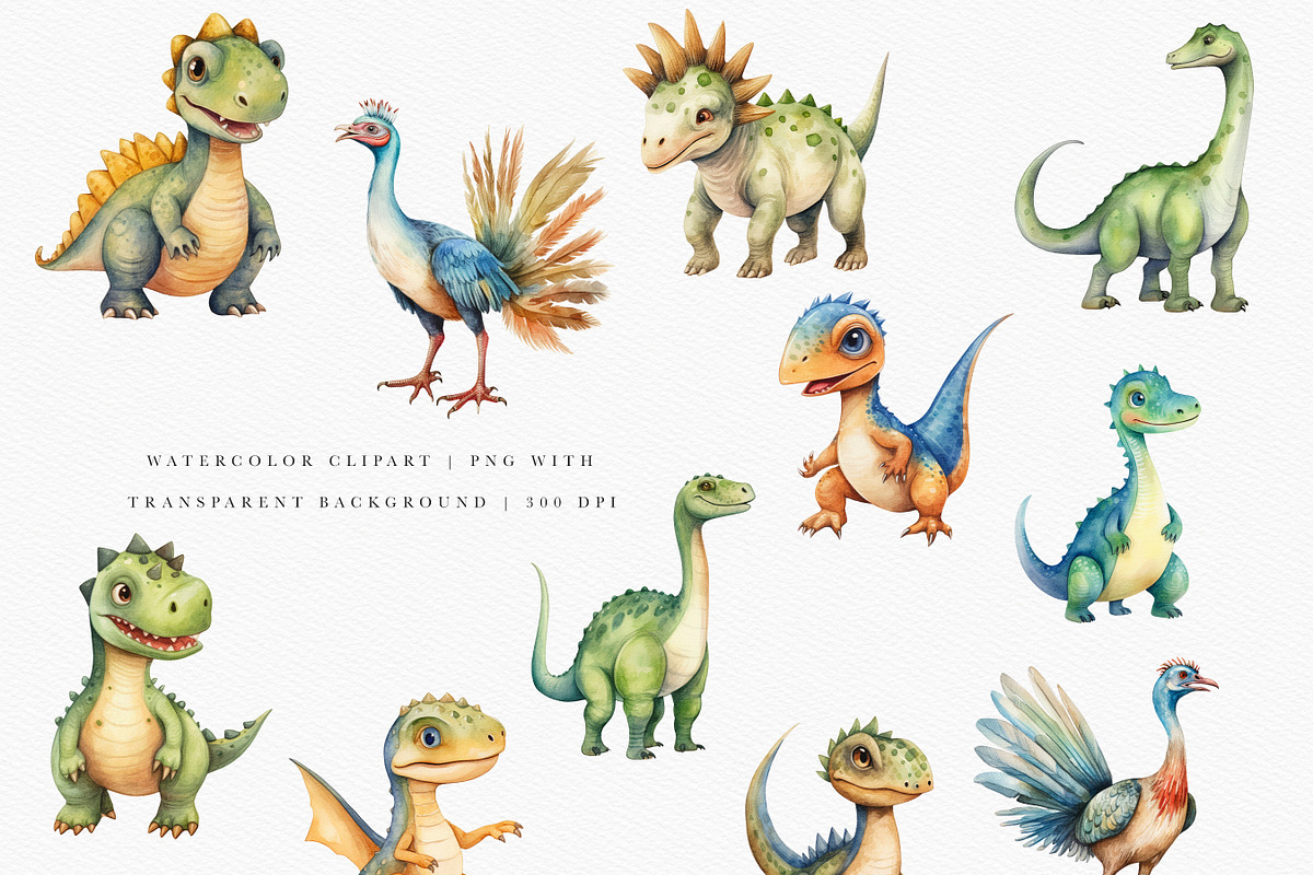 Watercolor Cute Dinosaurs Clipart Collection