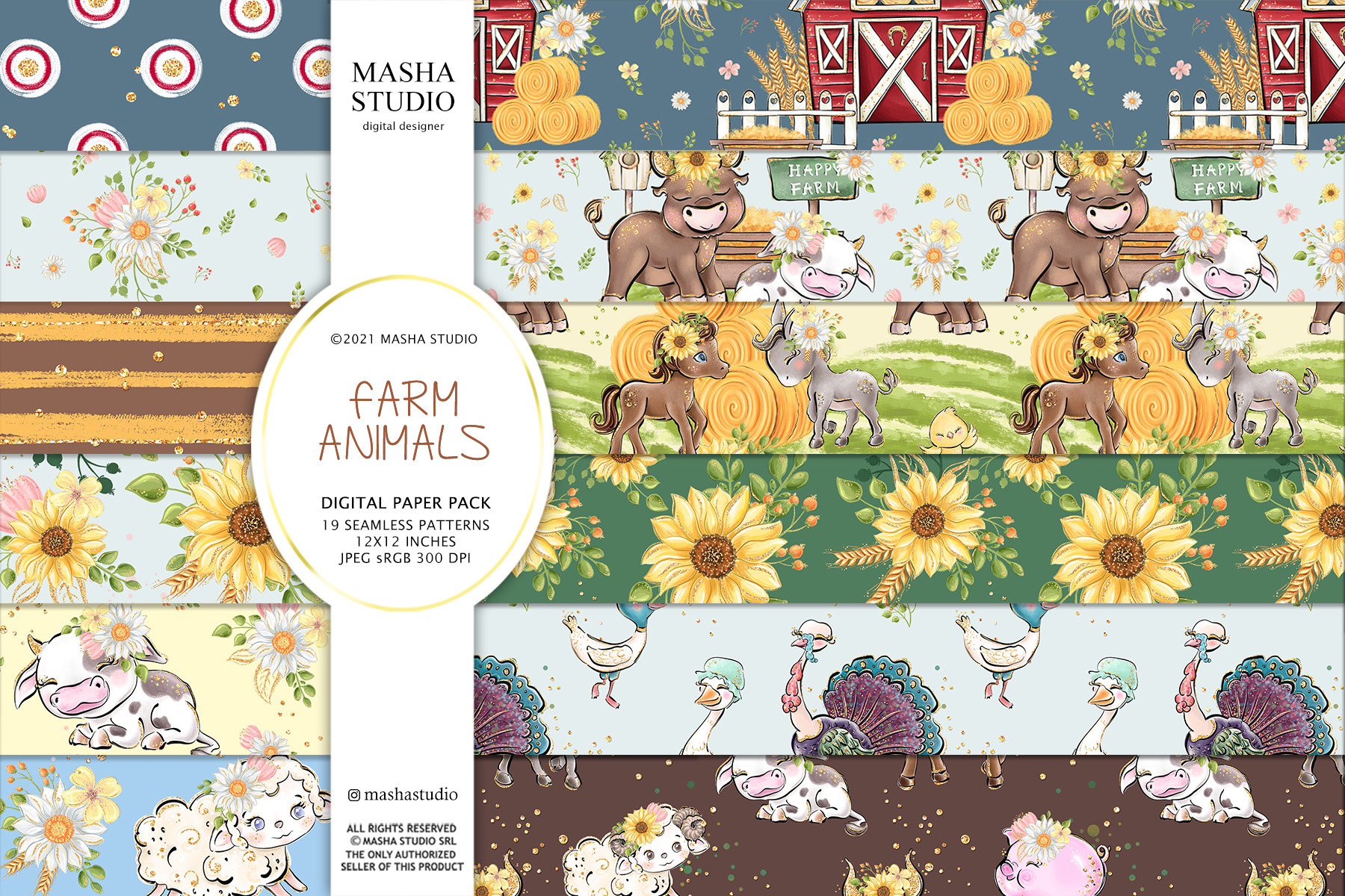 Farm Animals Digital Papers, a Pattern Graphic by Masha Studio