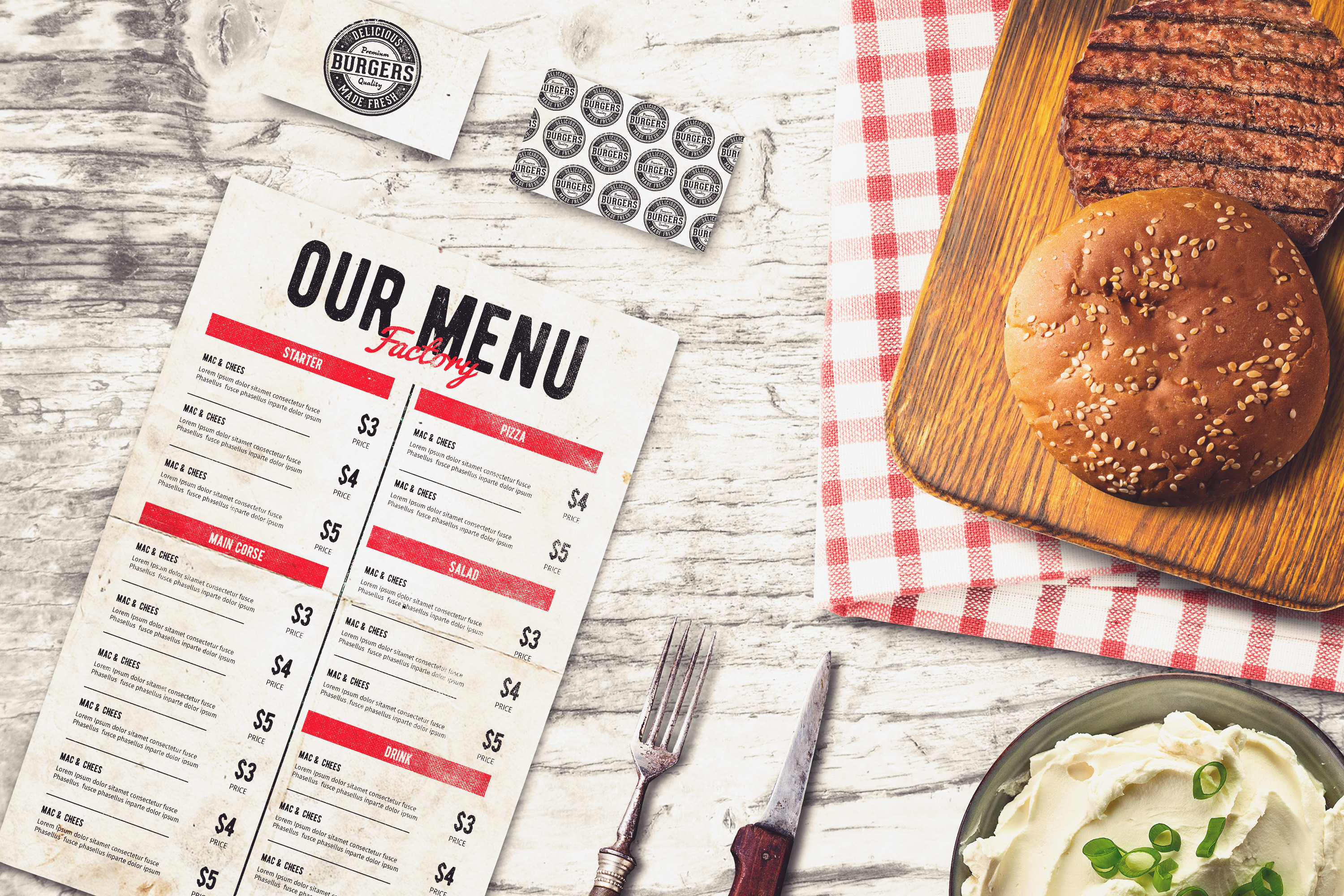 Burger Bar Menu & B-card Mock-up #1, a Print Template by relineo.mock-ups