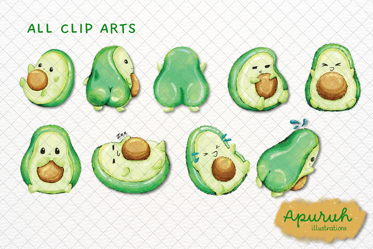 Cute Avocado Watercolor Clipart, a Food Illustration by creationsbyapuruh