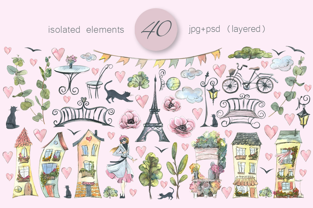 Paris romantic watercolor clipart, a Decorative Illustration by NATASHA ...