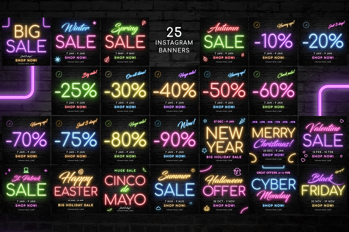 Neon Sale Instagram Banners Ads, a Social Media Template by Andrew ...