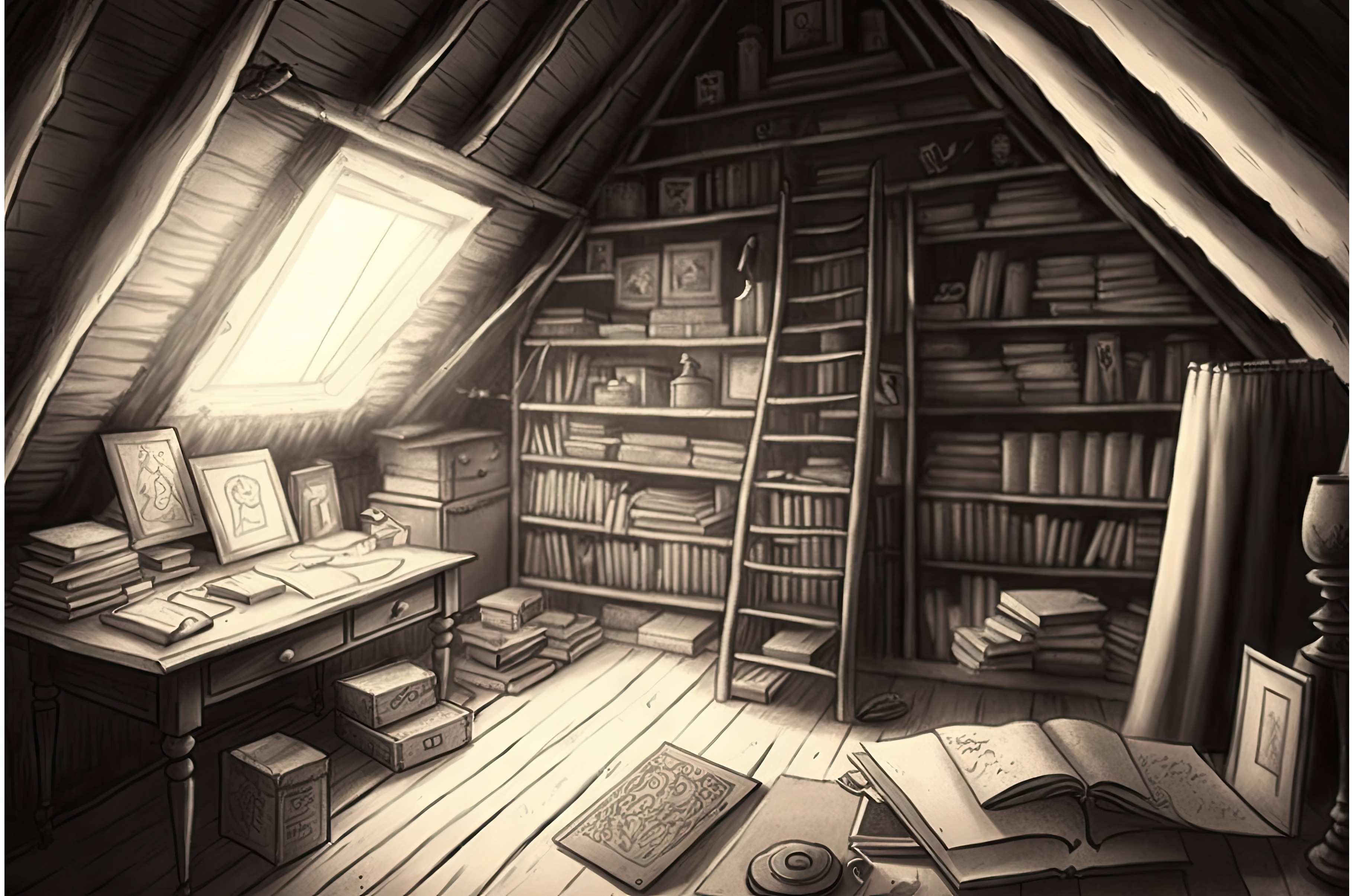 a pencil drawing of an attic filled, a School & Education Photo by ...