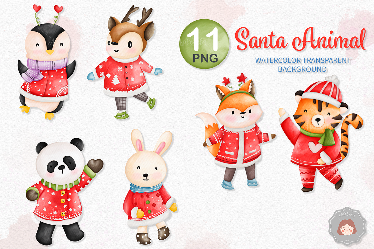 Watercolor Christmas Santa Animals, an Animal Illustration by Apixsala