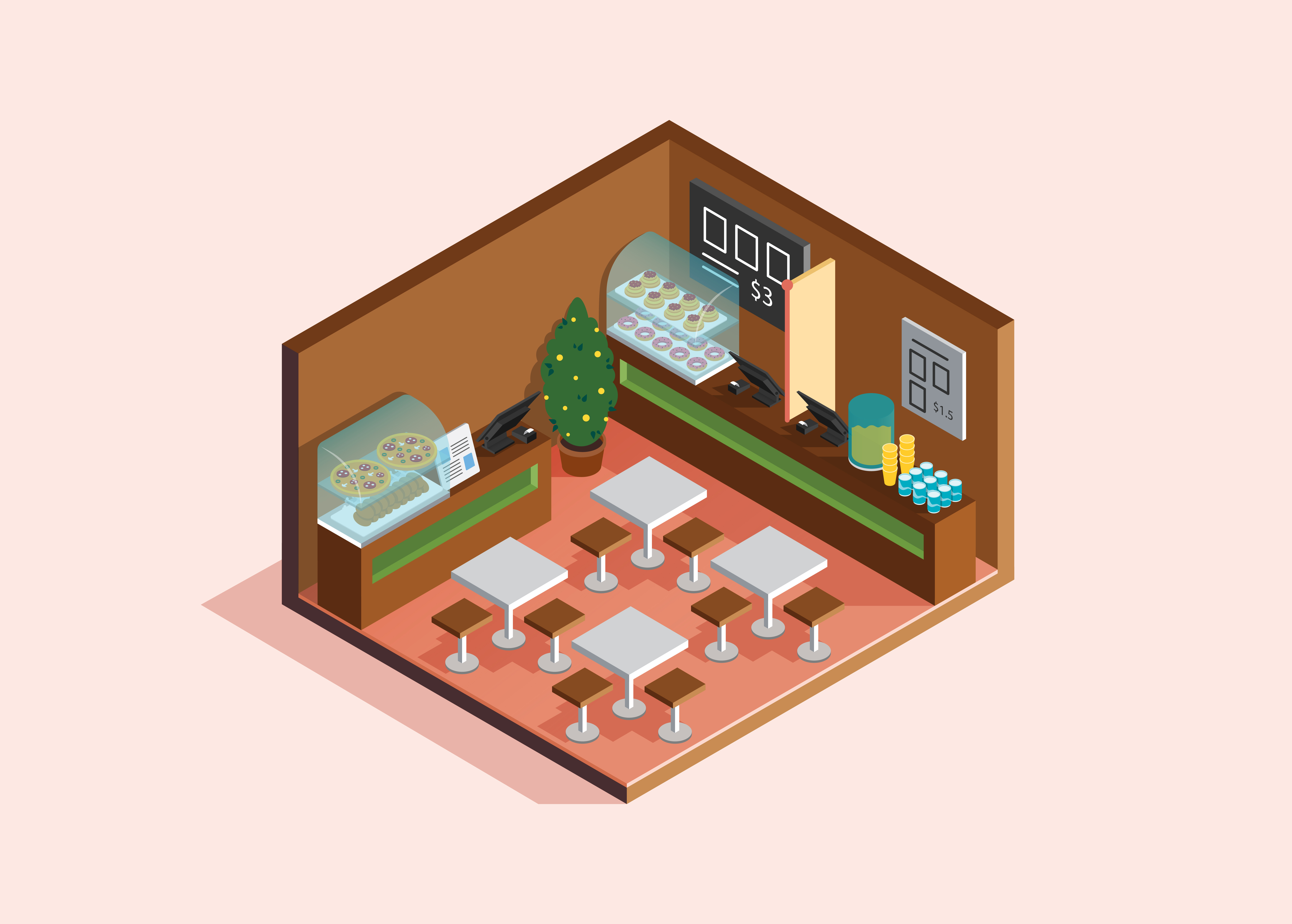 Isometric Illustration - Food Court, a Food Illustration by ciayo-art