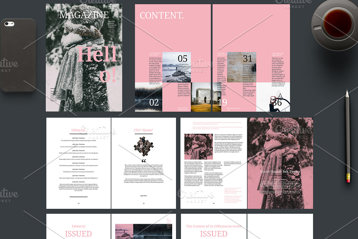 Magazine Layout with Pink Accent, a Magazine Template by Bizz_District ...