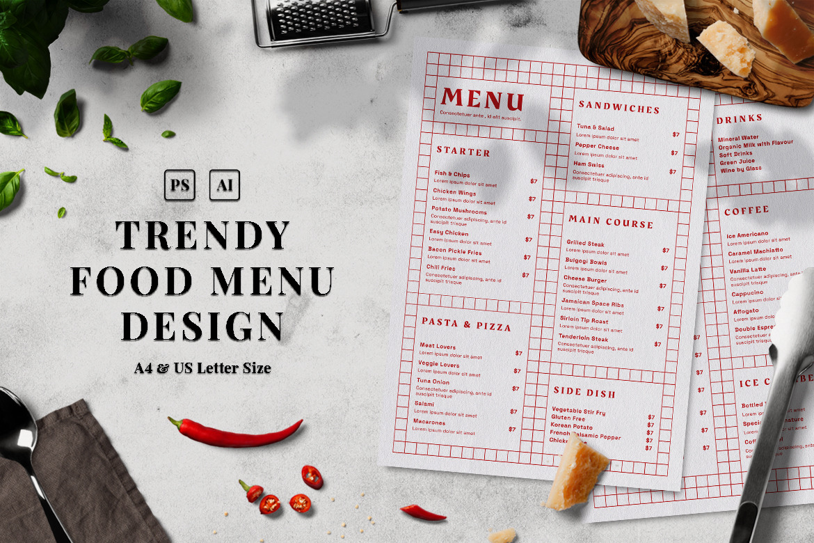 Trendy Food Menu, a Print Template by The Savory Directors