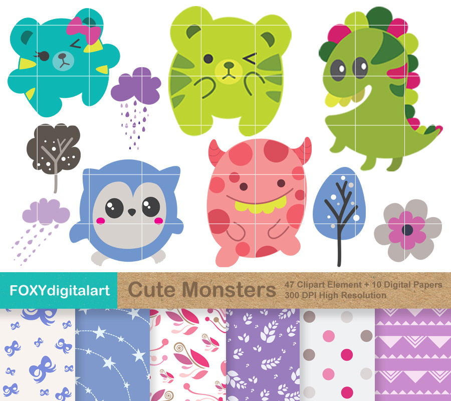 Cute Monster Clipart & Digital Paper, a Decorative Illustration by ...