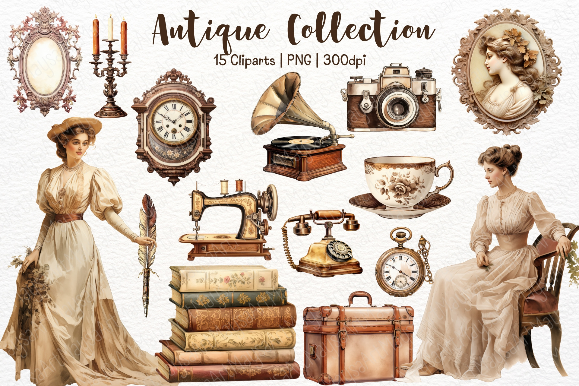 Vintage Antique Watercolor Clipart, a Decorative Illustration by Maysa Art